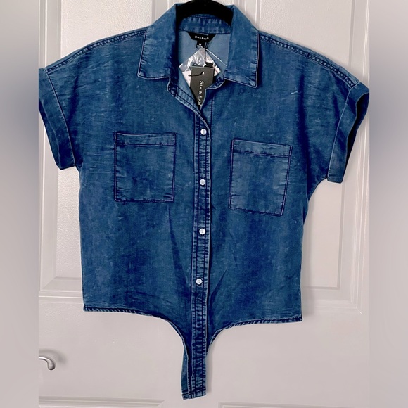 Sim & Sam | Tops | Sim Sam Button Up Denim Shirt Short Sleeve Crop Top ...